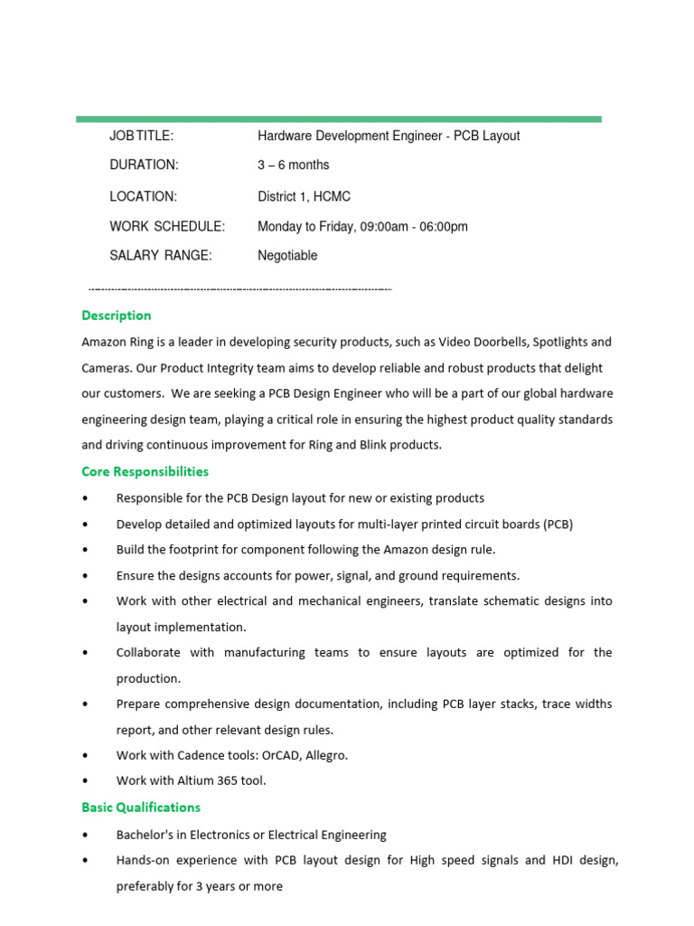JD - Hardware Development Engineer PCB Layout | PDF | Printed Circuit ...