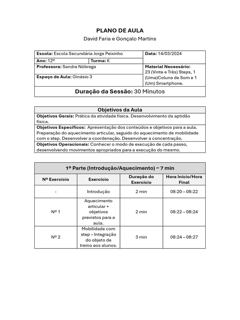 Plano de Aula_STEP_David Faria e Gonçalo Martins | PDF