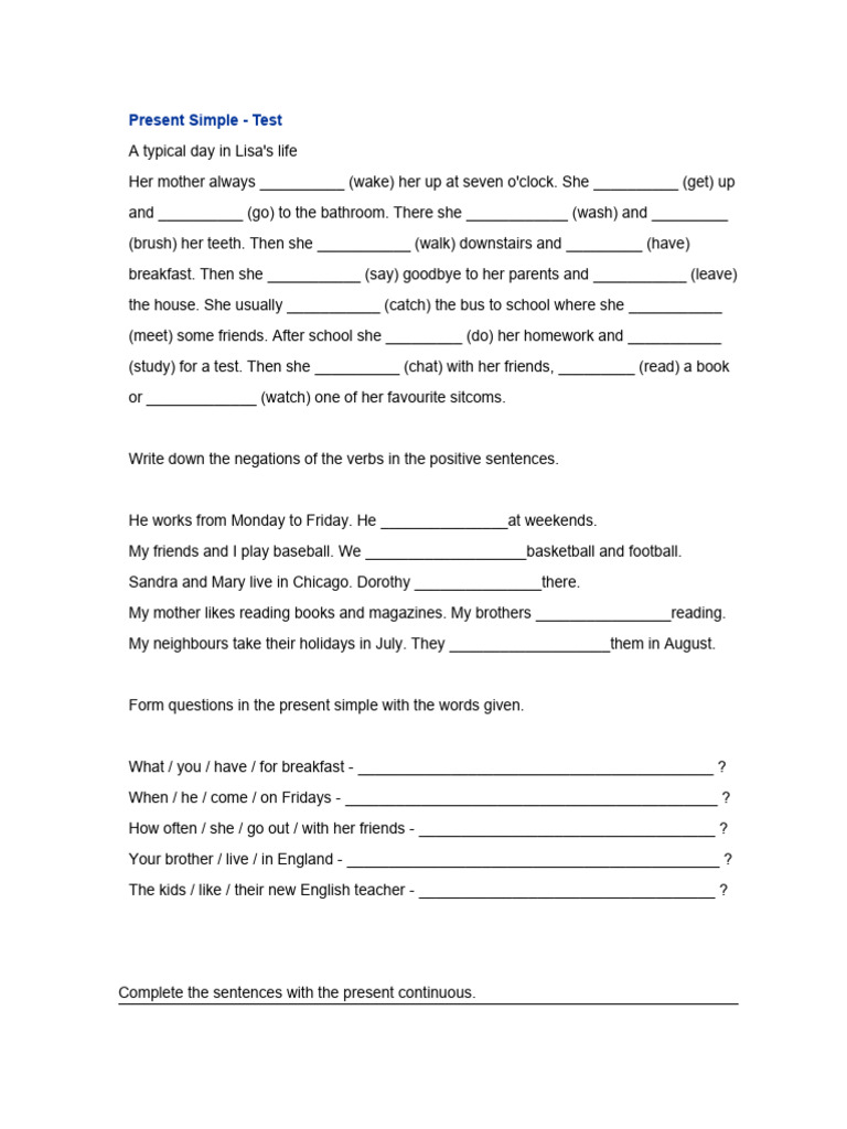 Present Simple Continuous Stative Verbs Test | Download Free PDF ...