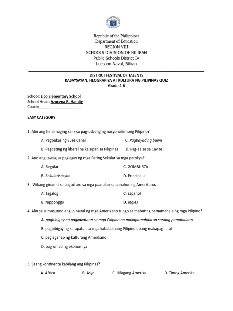 Questions for AP Quiz Grade 4-6 Lico | PDF