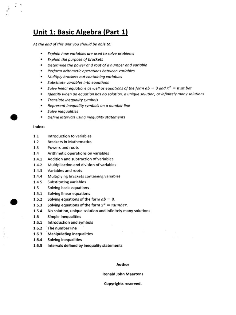 Unit 1 Basic Algebra Part 1 Notes Pdf 