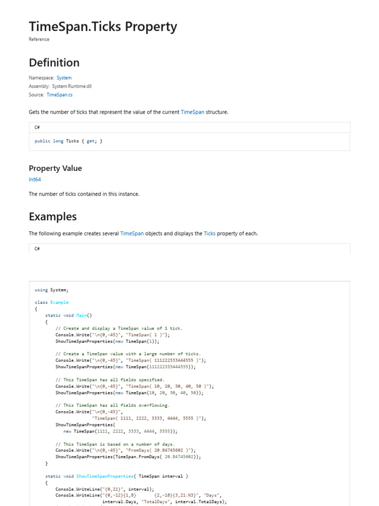 Timespan Ticks Property System Microsoft Learn Pdf C Sharp Programming Language