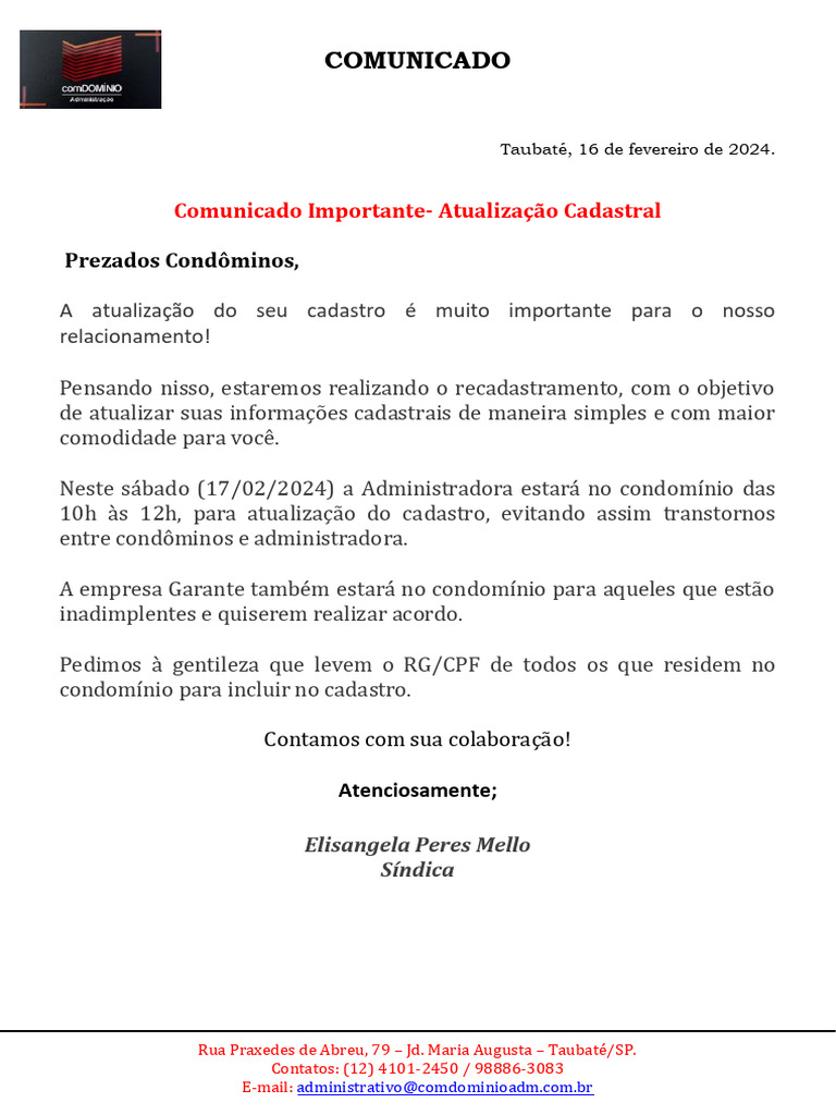 Comunicado Plantão de Cadastramento Condominio | PDF