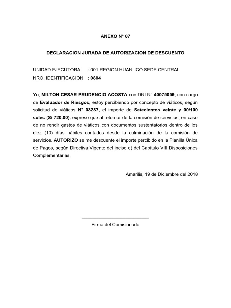 ANEXO N 07 Declaracion Jurada Autorizacion Descuento 1 | PDF