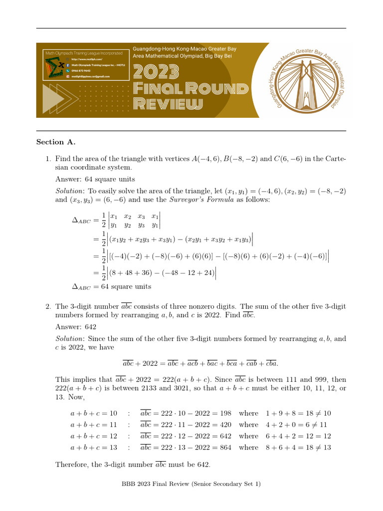 BBB 2023 Final Review Set 1 (Solution Manual) | PDF | Area | Mathematics