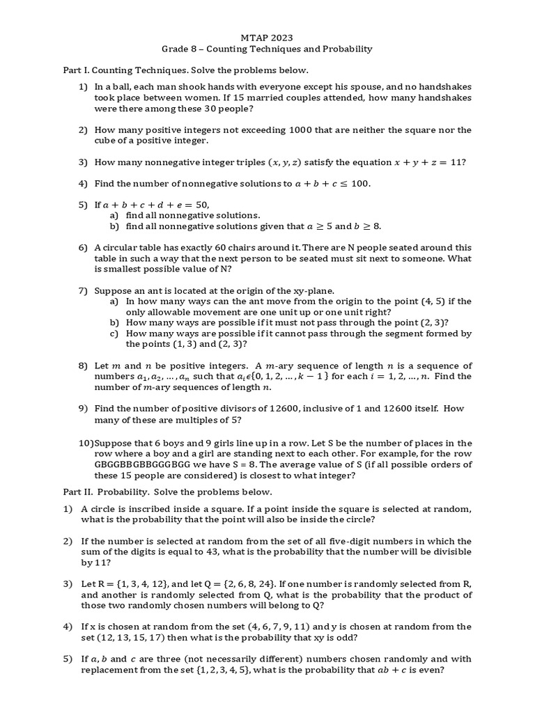 MTAP 2023 G8 Counting Teachniques and Probability Final Handout | PDF | Numbers | Discrete ...