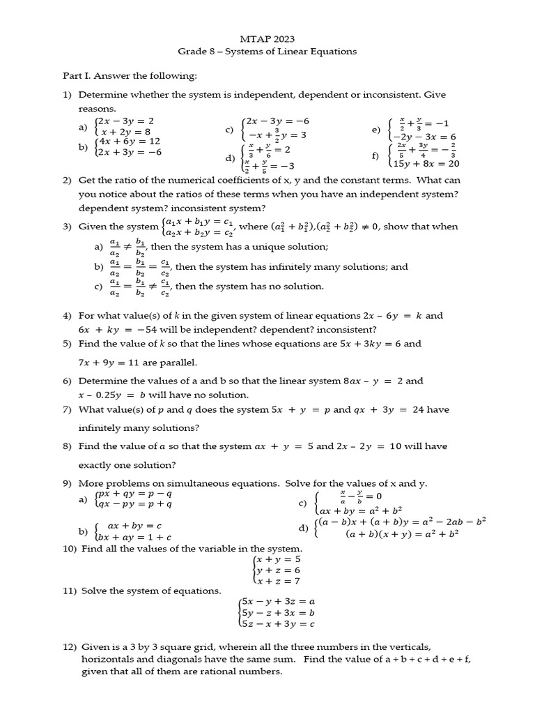 MTAP 2023 G8 Systems of Linear Equations | PDF | System Of Linear Equations | Equations