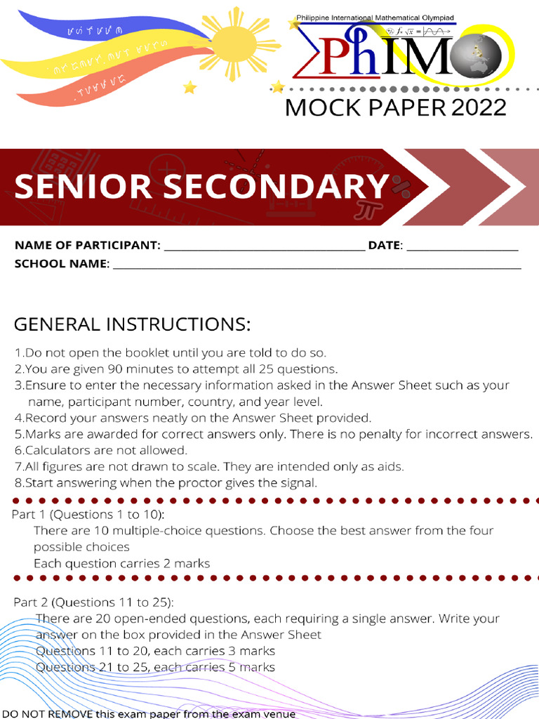 PHIMO 2020 Senior Secondary Mock Test | PDF | Triangle | Euclidean Geometry