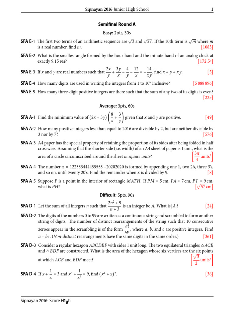 Sipnayan 2016 Junior High School Exam | PDF | Triangle | Geometry