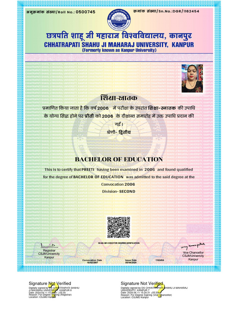 B.Ed Degree Certificate - CSJM University | PDF