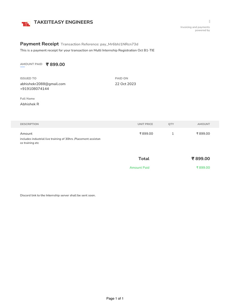 Receipt Pay - Mr6bhJ1NRcn73d From TAKEITEASY ENGINEERS (Paid) | PDF