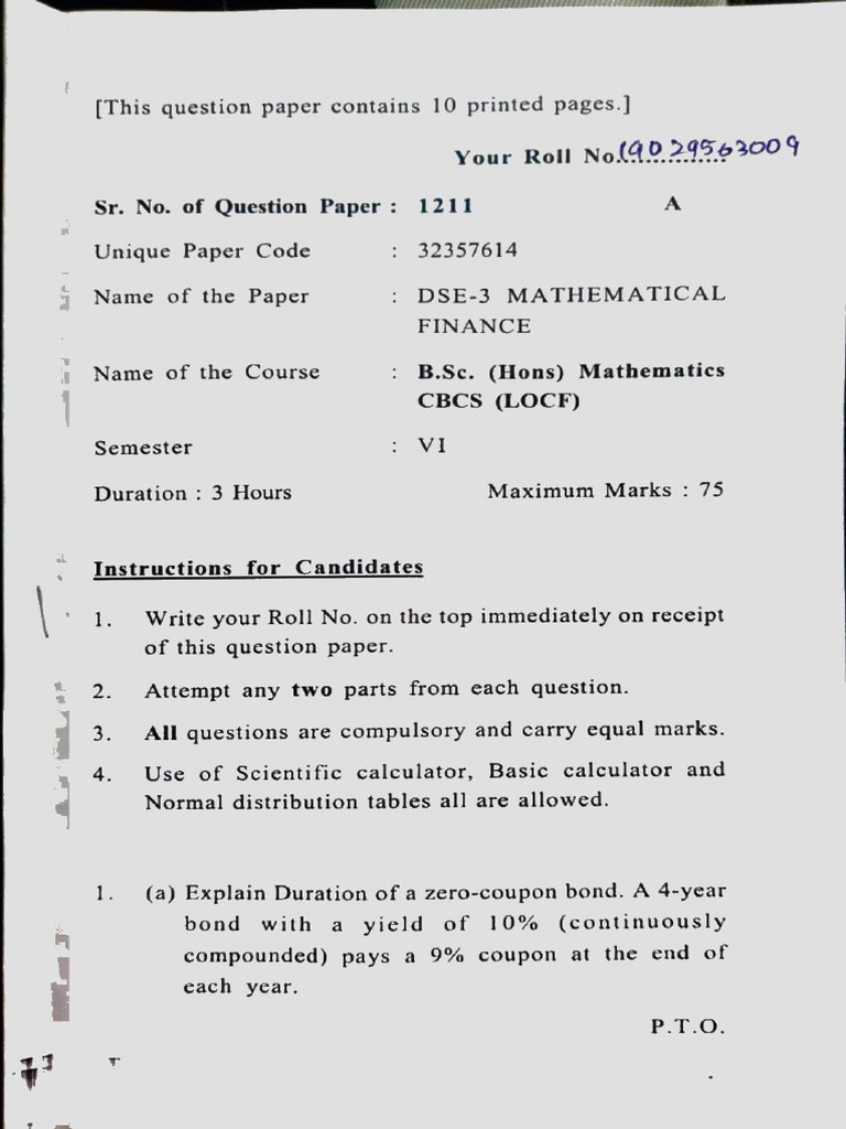 Mathematical Finance Exam Paper | PDF | Option (Finance) | Bond Duration