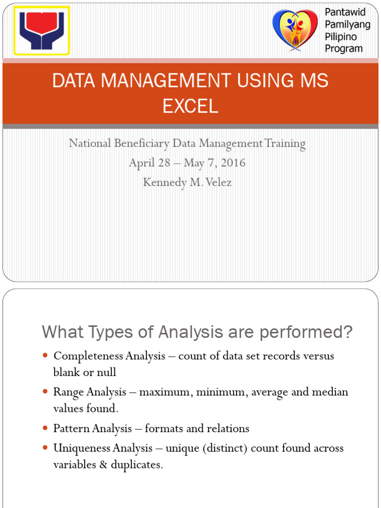 Excel Data Management Training Guide | PDF | Microsoft Excel | Statistics