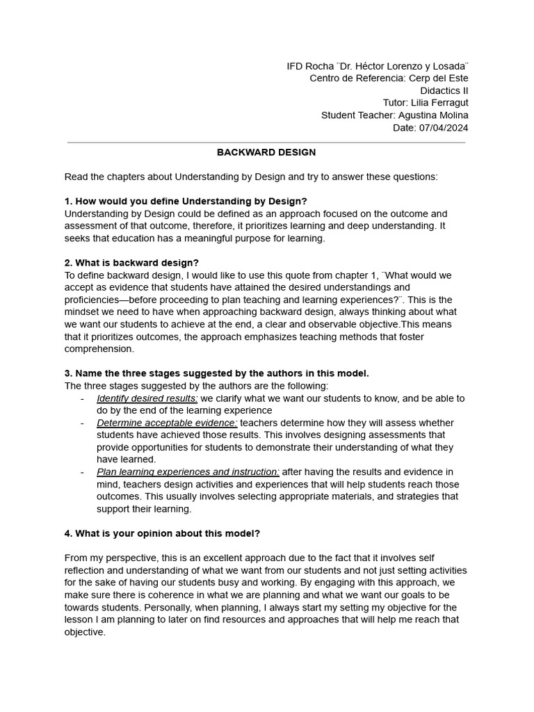 Backward Design Task | PDF | Psychology | Pedagogy
