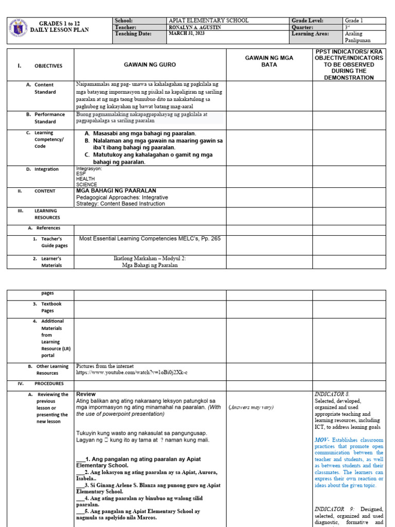 Grade 1 DLP AP 3rd Quarter | PDF