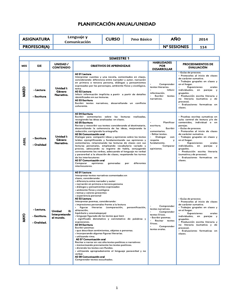 Lenguaje Planificacion 7 Basico | PDF | Maestros | Evaluación