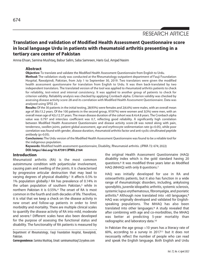Translation & Validation of HAQ DI | PDF | Arthritis | Validity ...