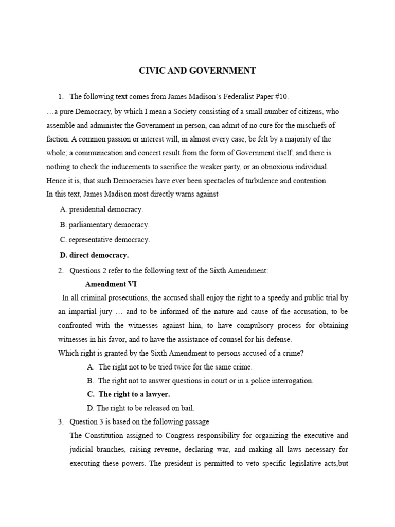 US Civics and Government Quiz | PDF | United States Congress | American ...