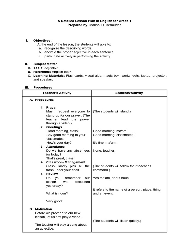 FINAL Lesson Plan in English For Grade 1 | PDF | Lesson Plan | Shape