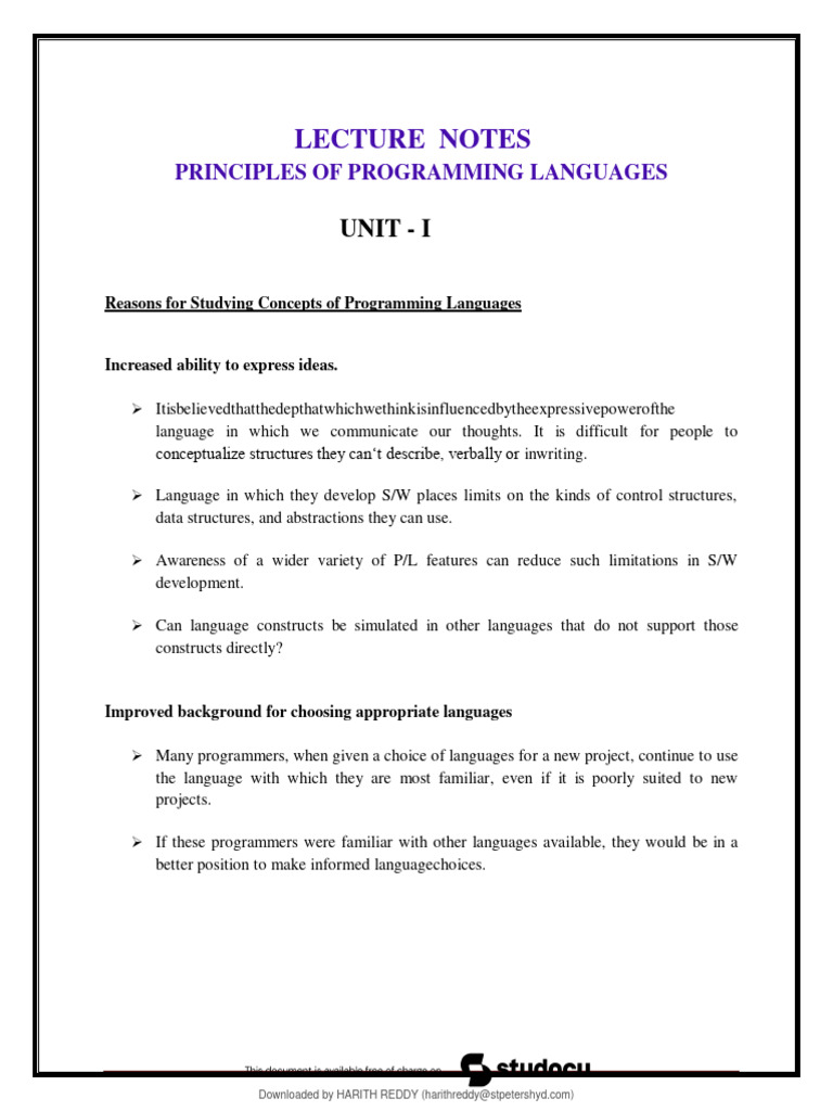 PPL Lecture Notes Harith Reddy | PDF | Computer Program | Programming