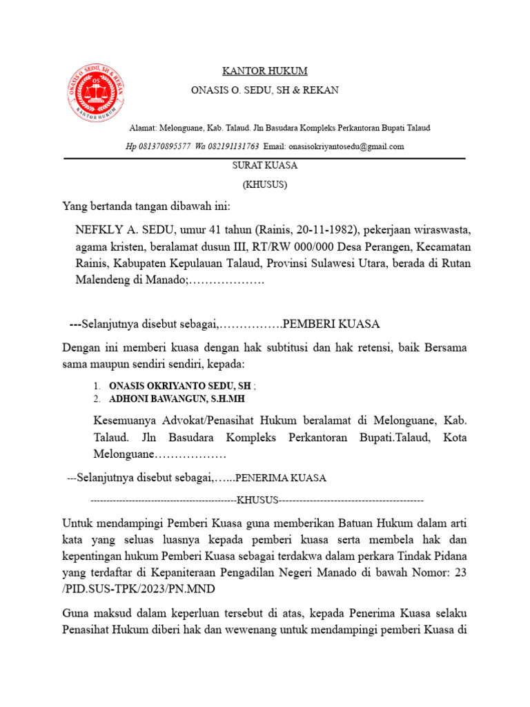 Surat Kuasa Khusus Pidana Tipikor | PDF