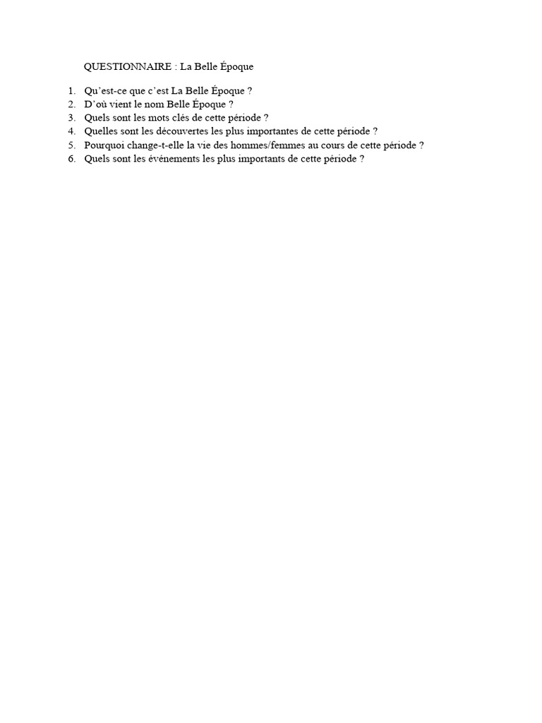 Questionnaire. La Belle Epoque | PDF | Voyages