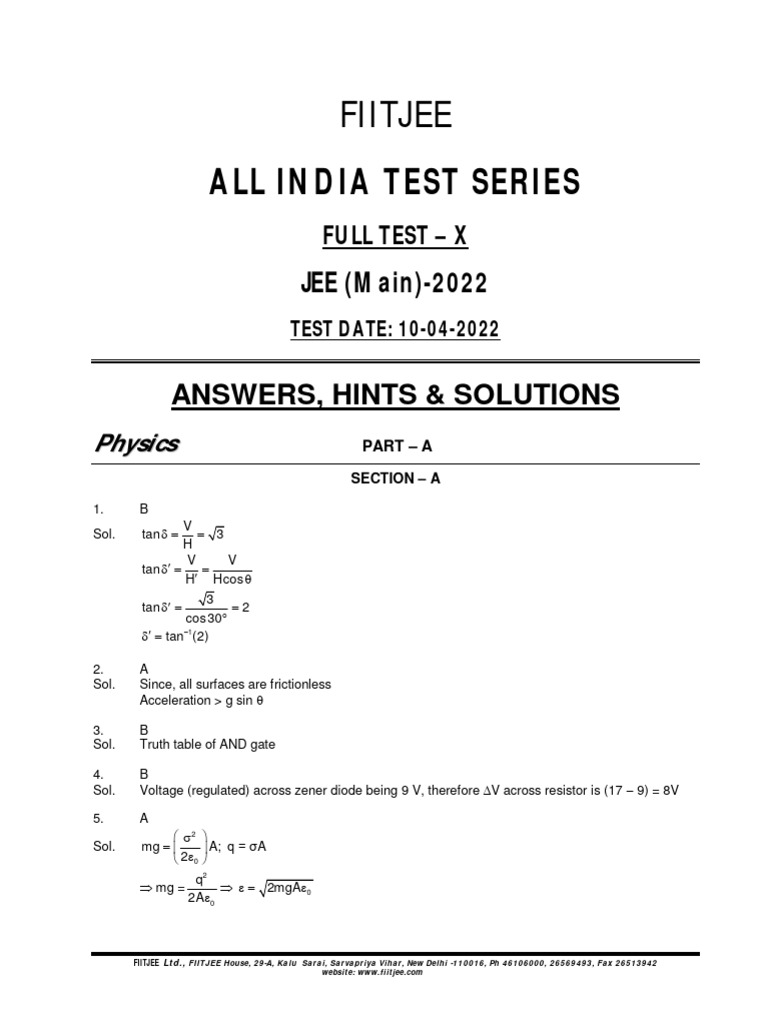 Aits FT-10 Jee Main Solution | PDF | Silicate | Solubility