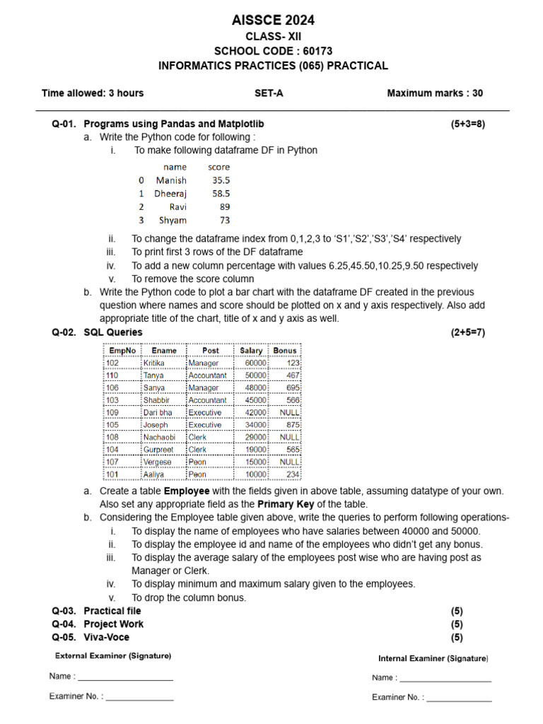 AISSCE 2024 XII IP Practical Question Paper Set A | PDF | Table (Database) | Data Management ...