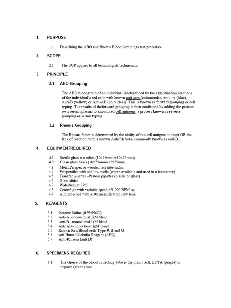 SOPs For Blood Grouping | PDF | Blood Type | Blood Plasma