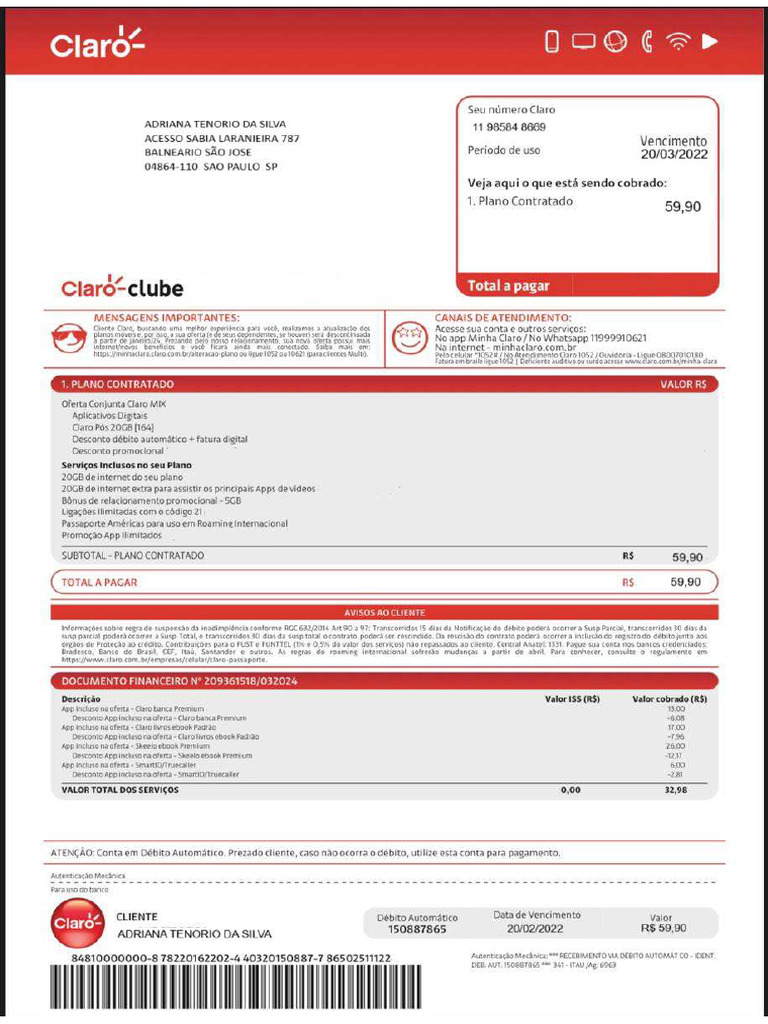 Fatura Claro Aqui | PDF