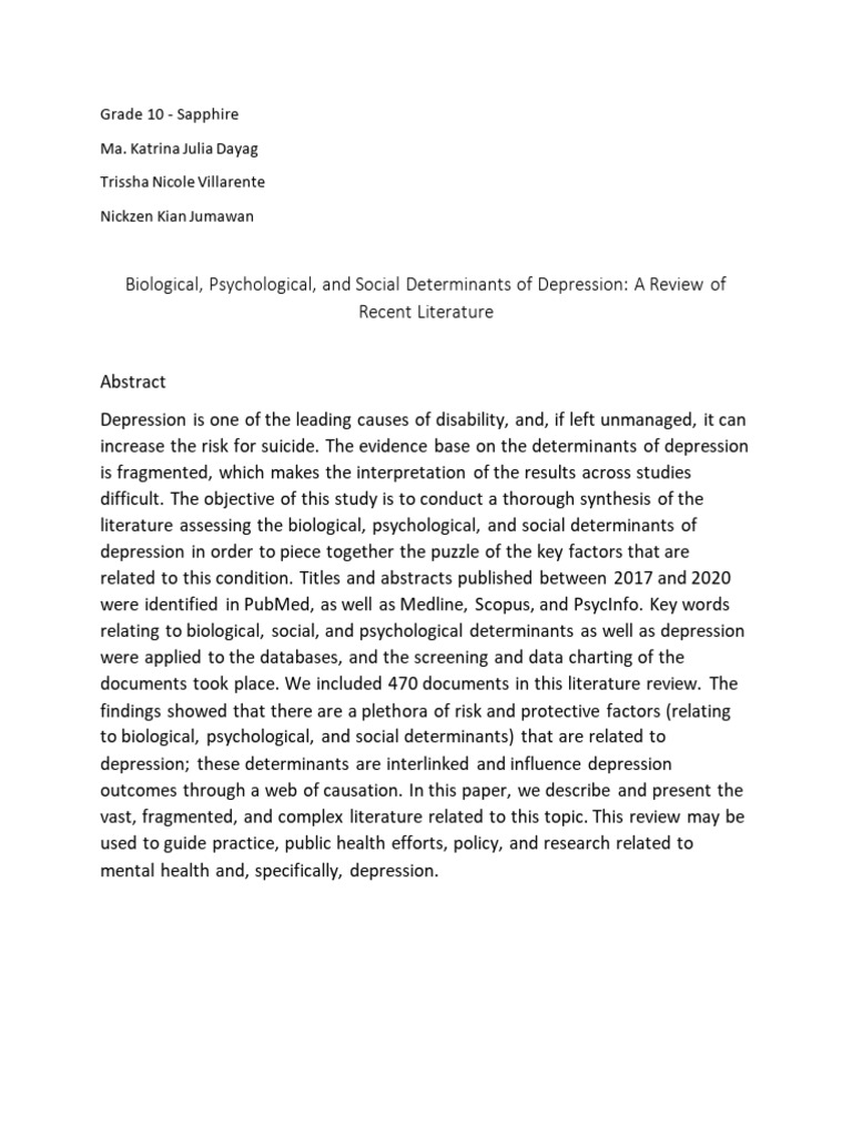 Determinants of Depression: A Literature Review | PDF