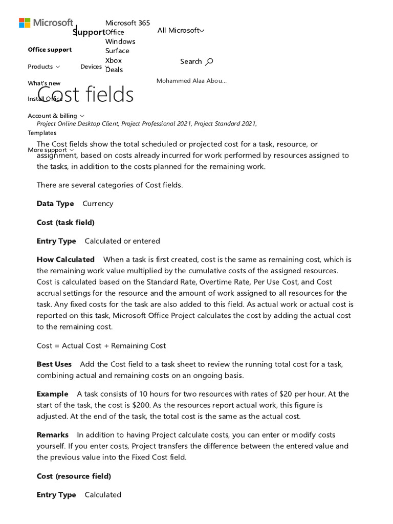 Cost fields | PDF