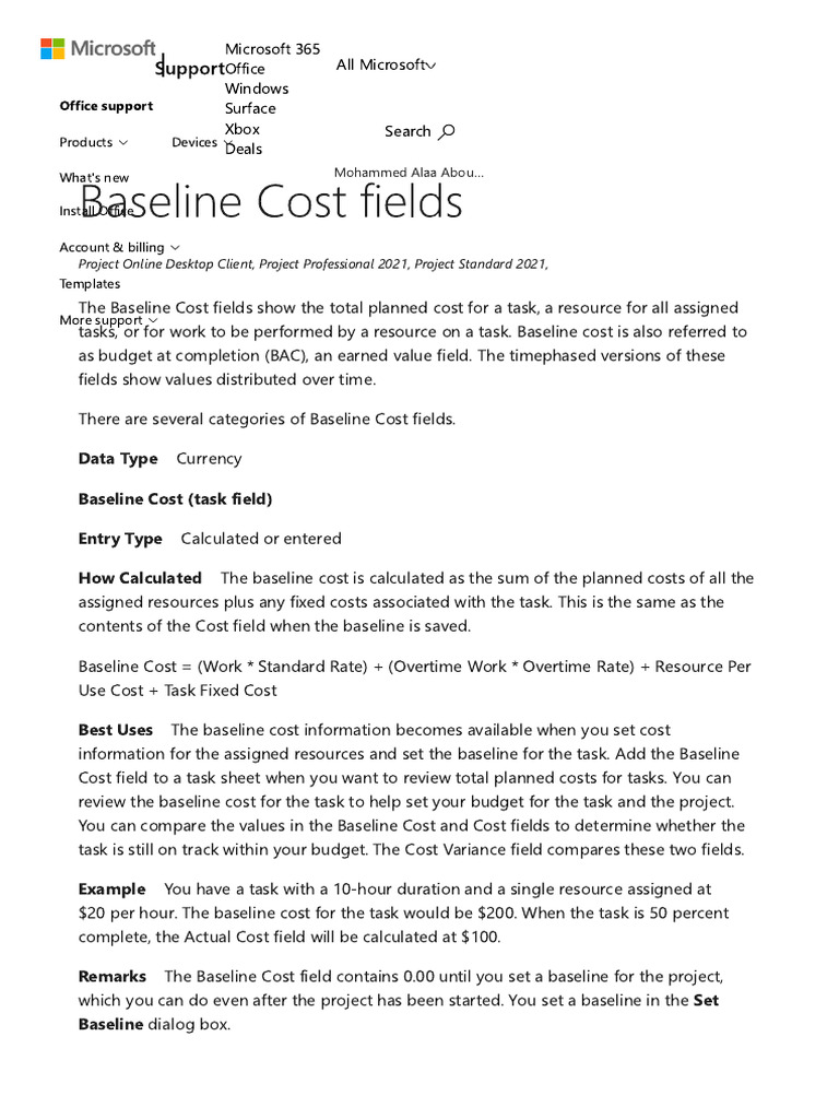 Baseline Cost Fields | PDF