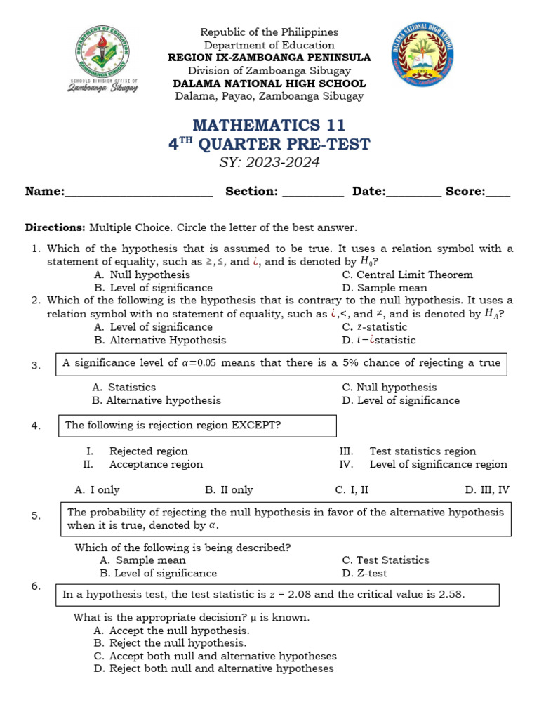 Grade 11 General Math Pre-Test | PDF | Statistical Inference | Methodology