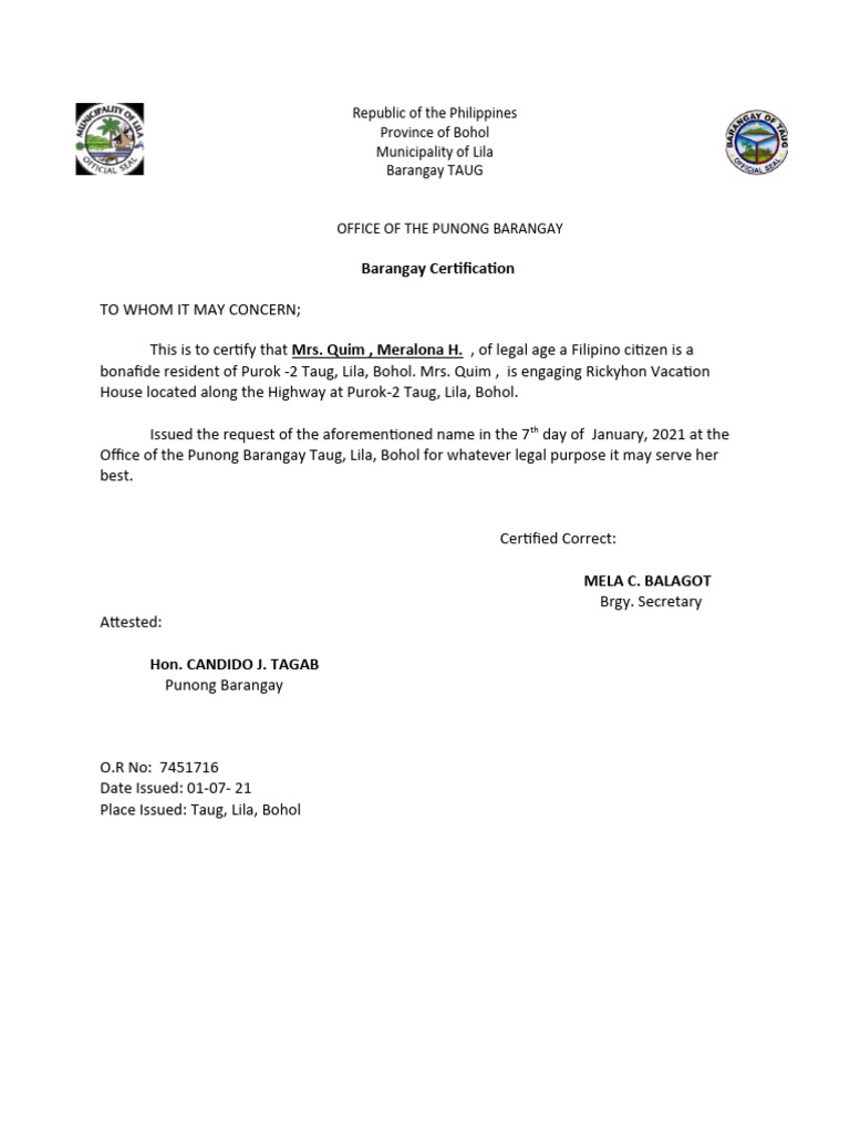 Barangay Certification for Meralona H. Quim | PDF