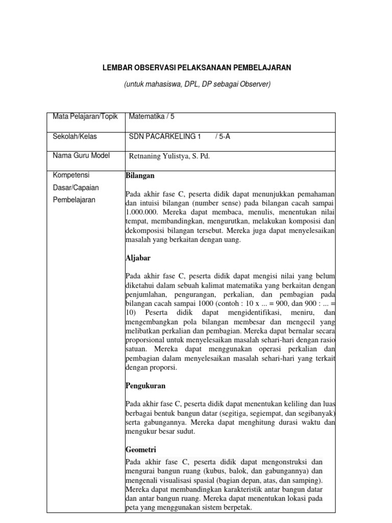Lampiran 5. LK 4 Lembar Observasi Pelaksanaan Pembelajaran Untuk Observer | PDF