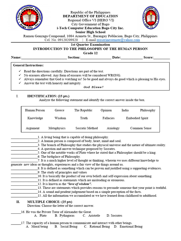 1st Quarter Exam in Philosophy | PDF | Reason | Fallacy