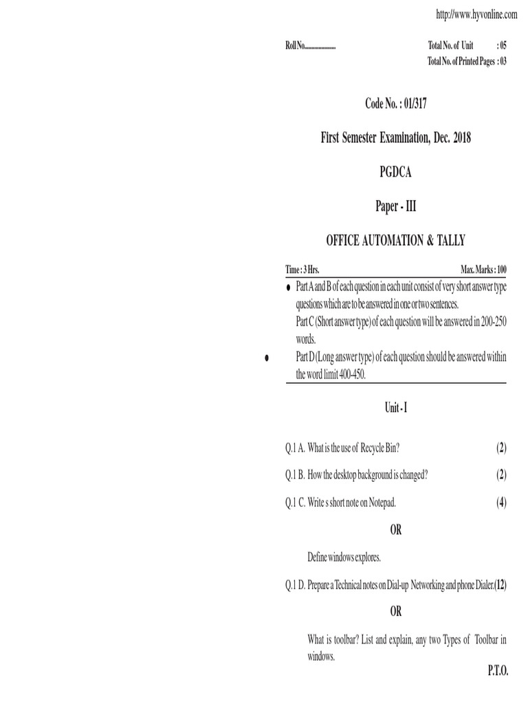Pgdca 1 Sem Office Automation and Tally 317 Dec 2018 | PDF | Microsoft ...