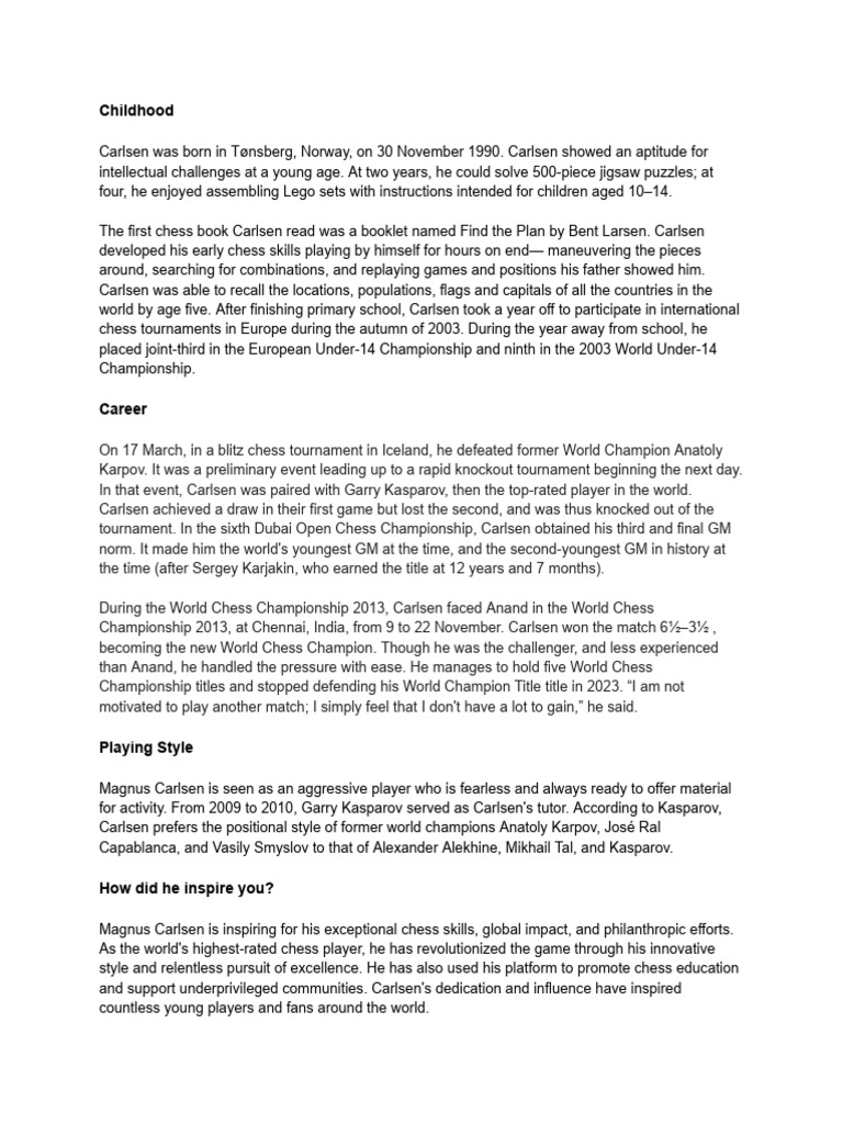 Magnus Carlsen: Chess Prodigy to Champion | PDF | World Chess ...