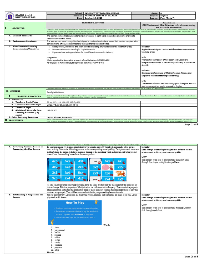 COT_Q1_English | PDF | Learning | Curriculum