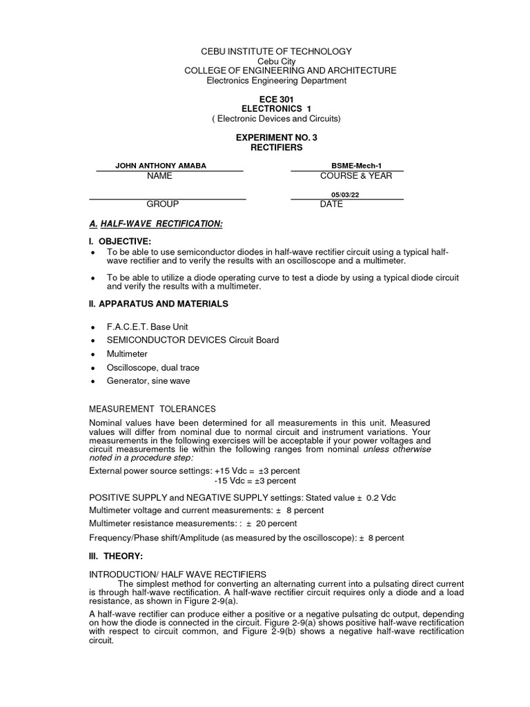 Electronics Lab Exp3 PDF | PDF | Rectifier | Diode