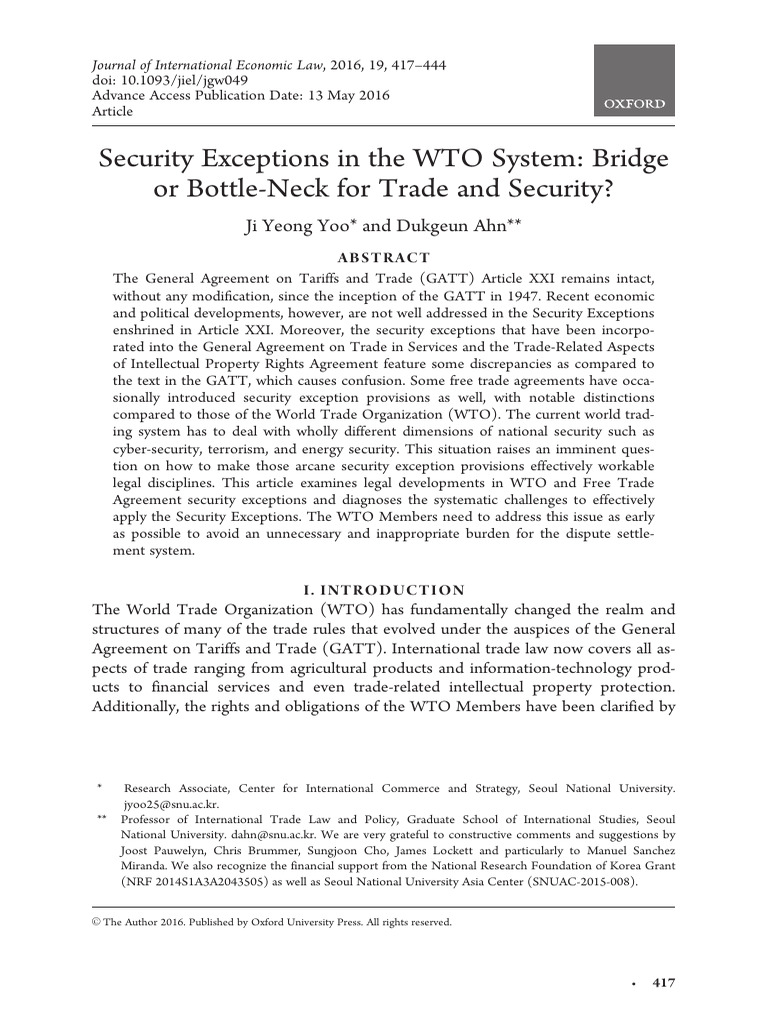 Yoo and Ahn - Security Exceptions in The WTO System | PDF | World Trade Organization | General ...