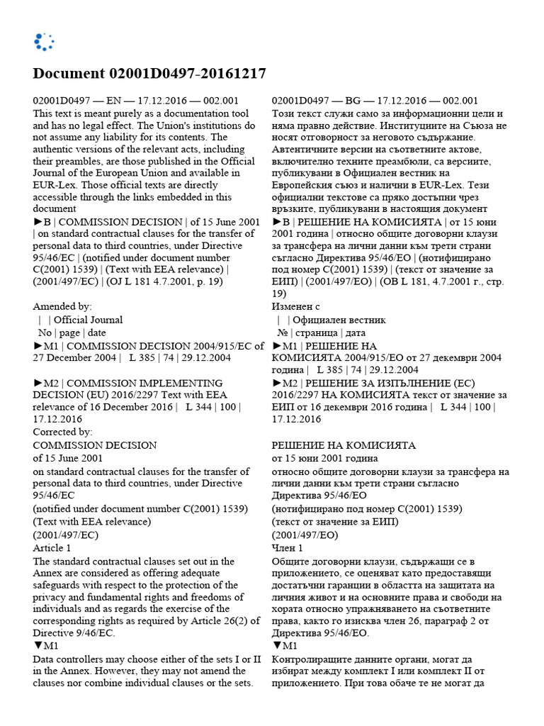 COMMISSION DECISION On Standard Contractual Clauses For The Transfer of ...