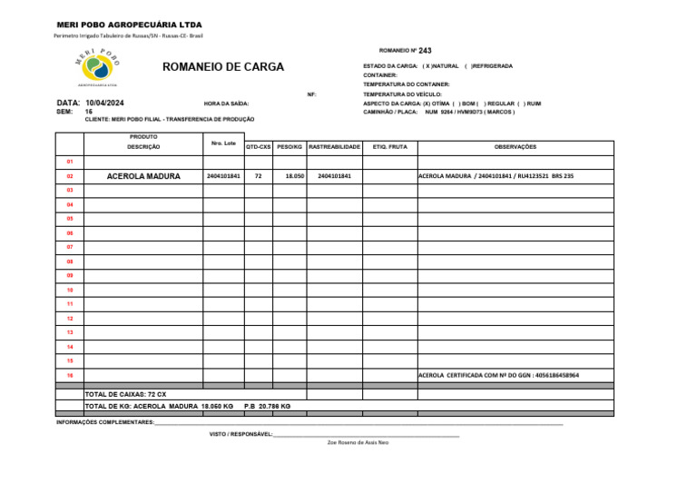 243 Romaneio de Carga - 2024 | PDF