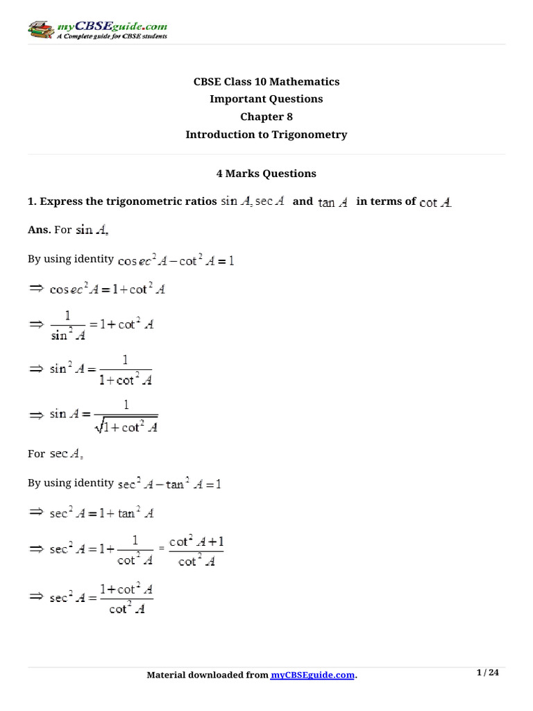 10 Math Imp ch8 4 | Download Free PDF | Trigonometry | Arithmetic