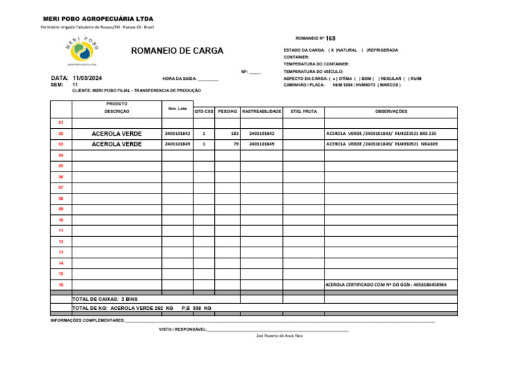 169 ROMANEIO DE CARGA_2024 - | PDF