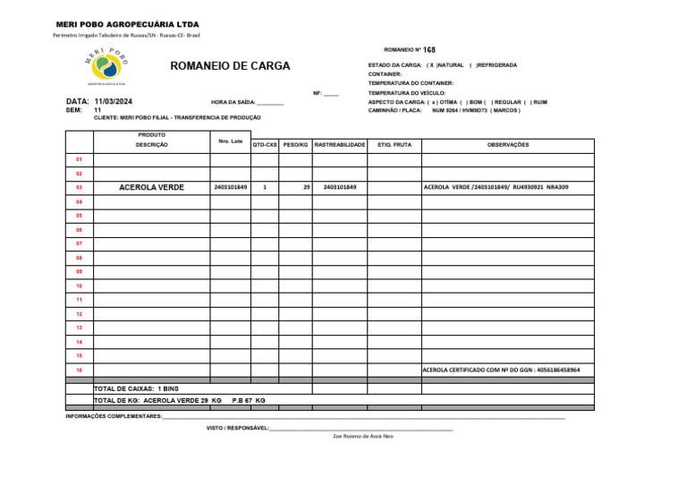171 Romaneio de Carga - 2024 | PDF
