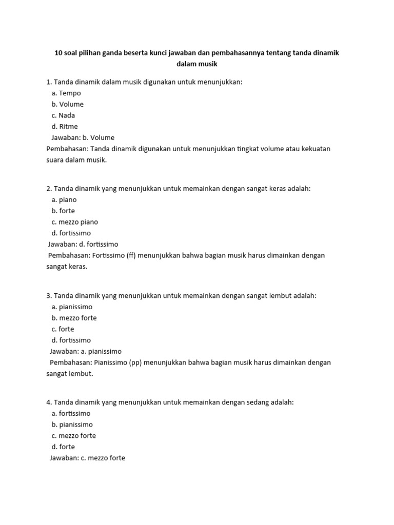 Soal dan Pembahasan Tanda Dinamik Musik | PDF | Seni & Disiplin Bahasa ...