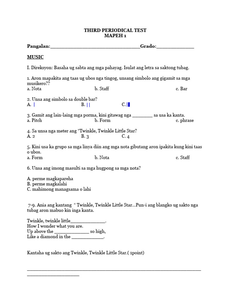 MAPEH 1 - 3rd Q - PT | PDF