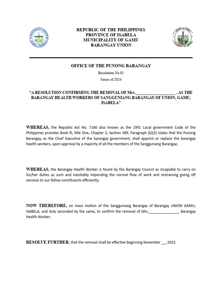 Barangay Health Worker Removal Resolution | PDF | Philippines